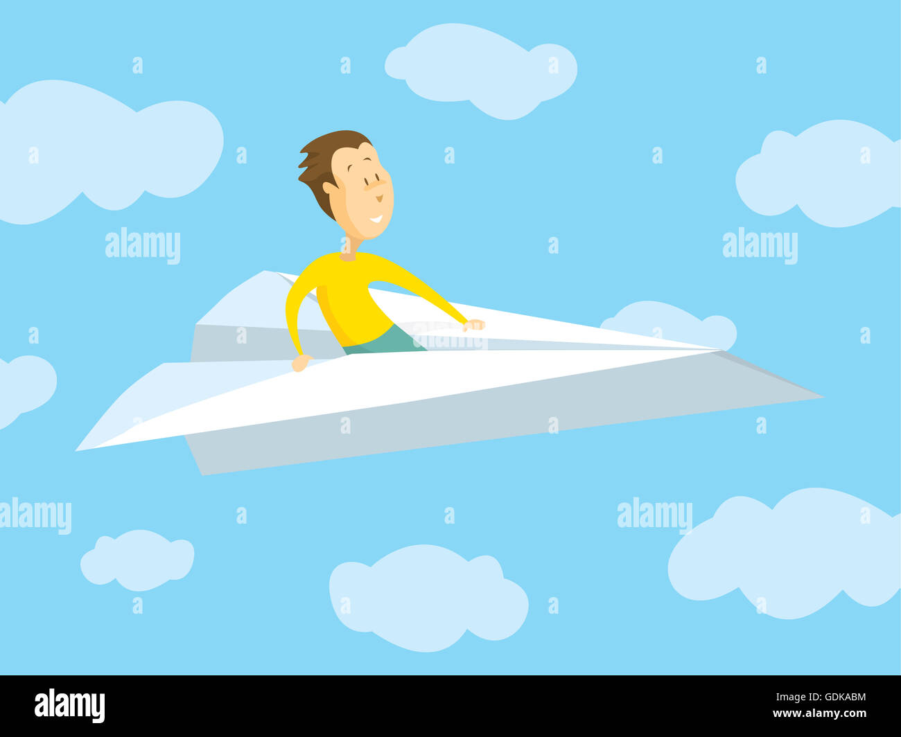 Cartoon illustration of man flying on paper airpane Stock Photo - Alamy