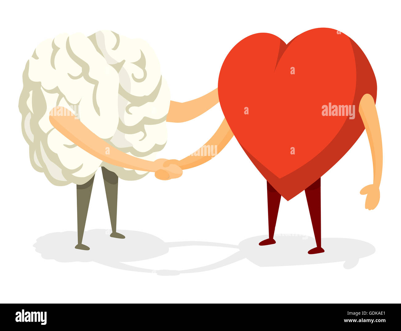 Cartoon illustration of friendly handshake between brain and heart ...