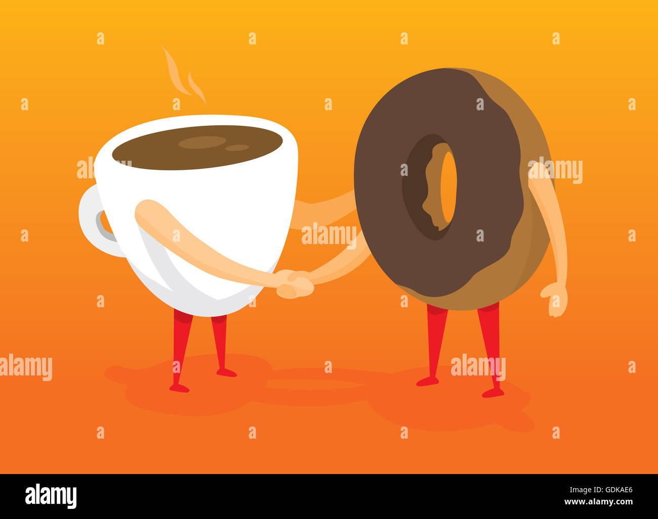 Cartoon illustration of coffee and donut friends shaking hands Stock ...