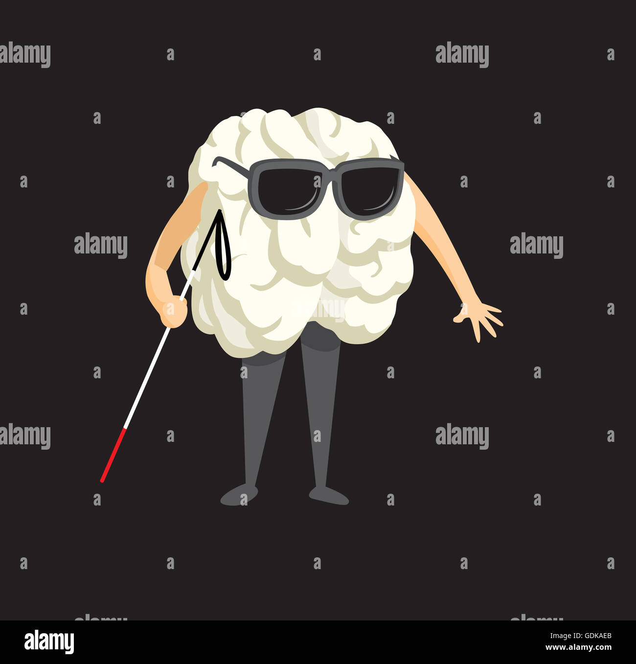 Cartoon illustration of blind brain with cane in the darkness Stock ...