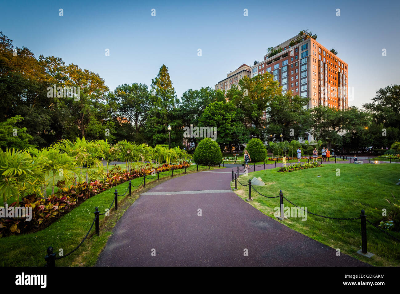 Gardens along a walkway at the Public Garden, in Boston, Massachusetts ...