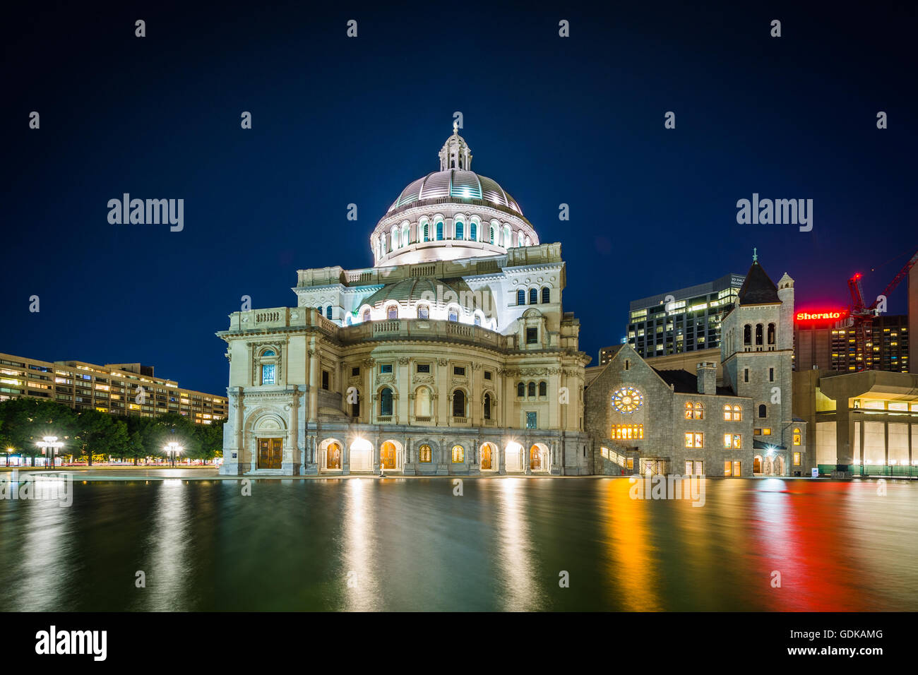 The Church of Christ, Scientist at the Christian Science Plaza at night ...