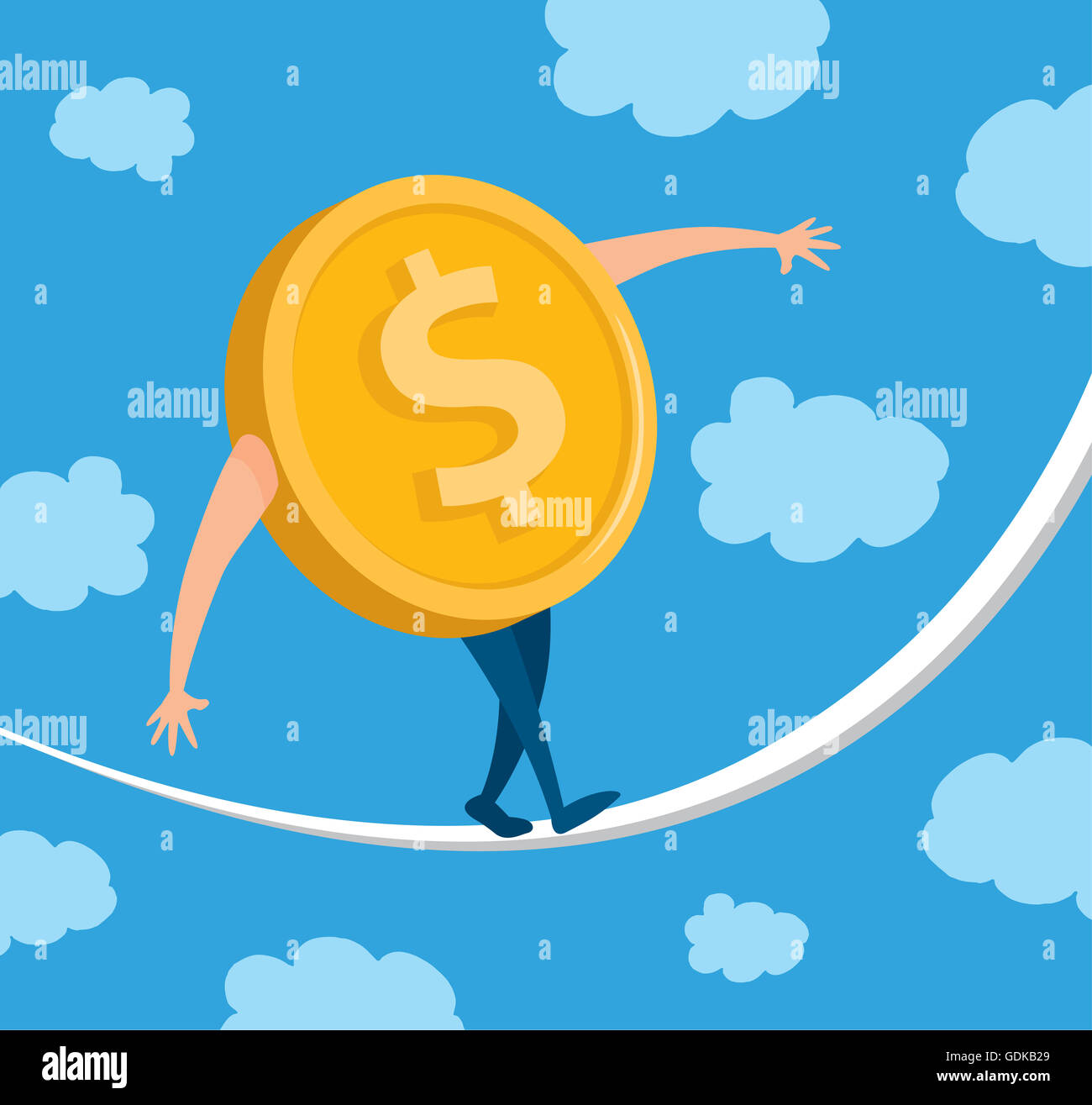 Cartoon illustration of dollar coin balancing on a string Stock Photo ...