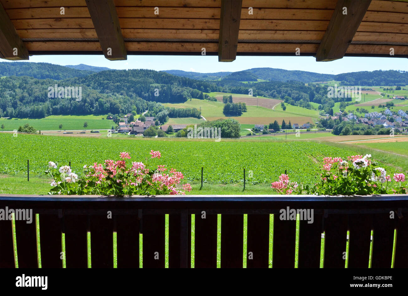 Swiss panorama from a balcony Stock Photo - Alamy