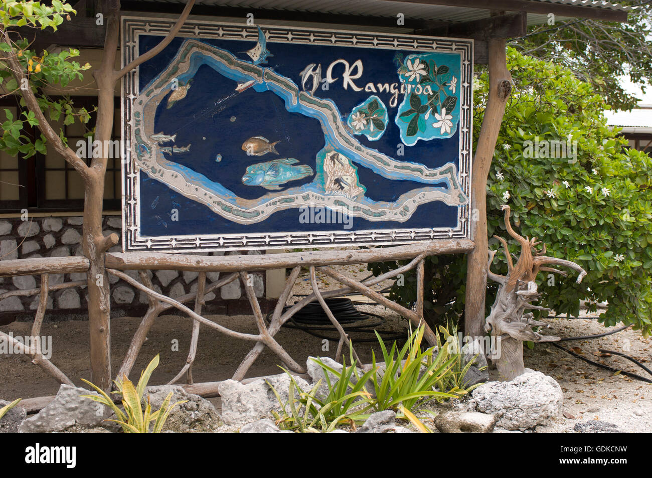 Map sign, Rangiroa atoll, Tuamotu Archipelago, French Polynesia ...