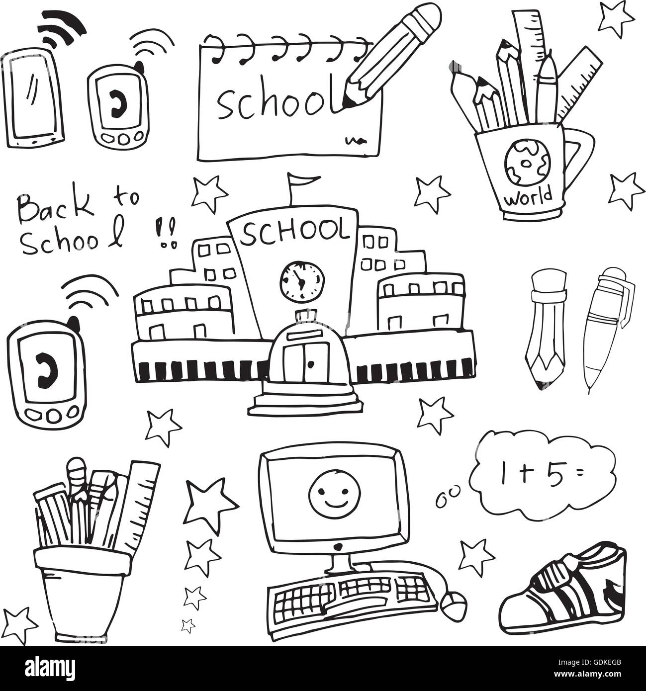 School tools doodle art vector Black and White Stock Photos & Images ...