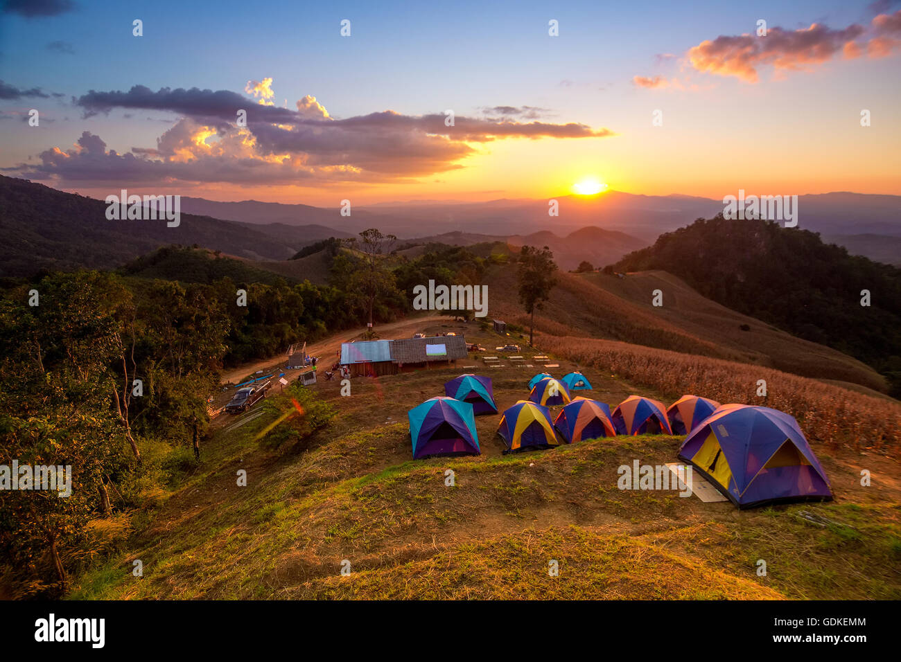 Activities tent on a hill in the countryside Stock Photo - Alamy