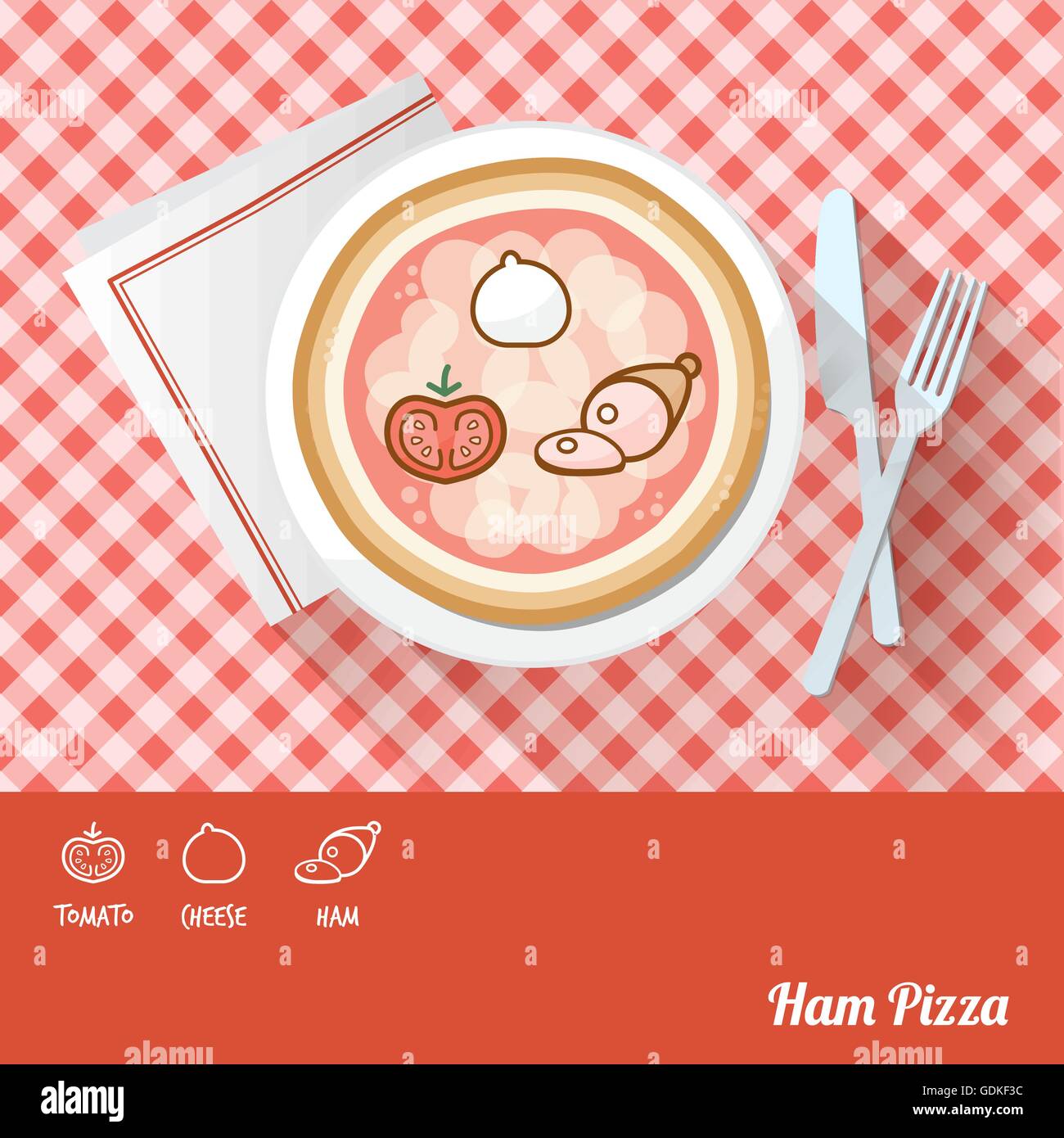 Ham pizza on a dish with icon ingredients and recipe name at bottom ...