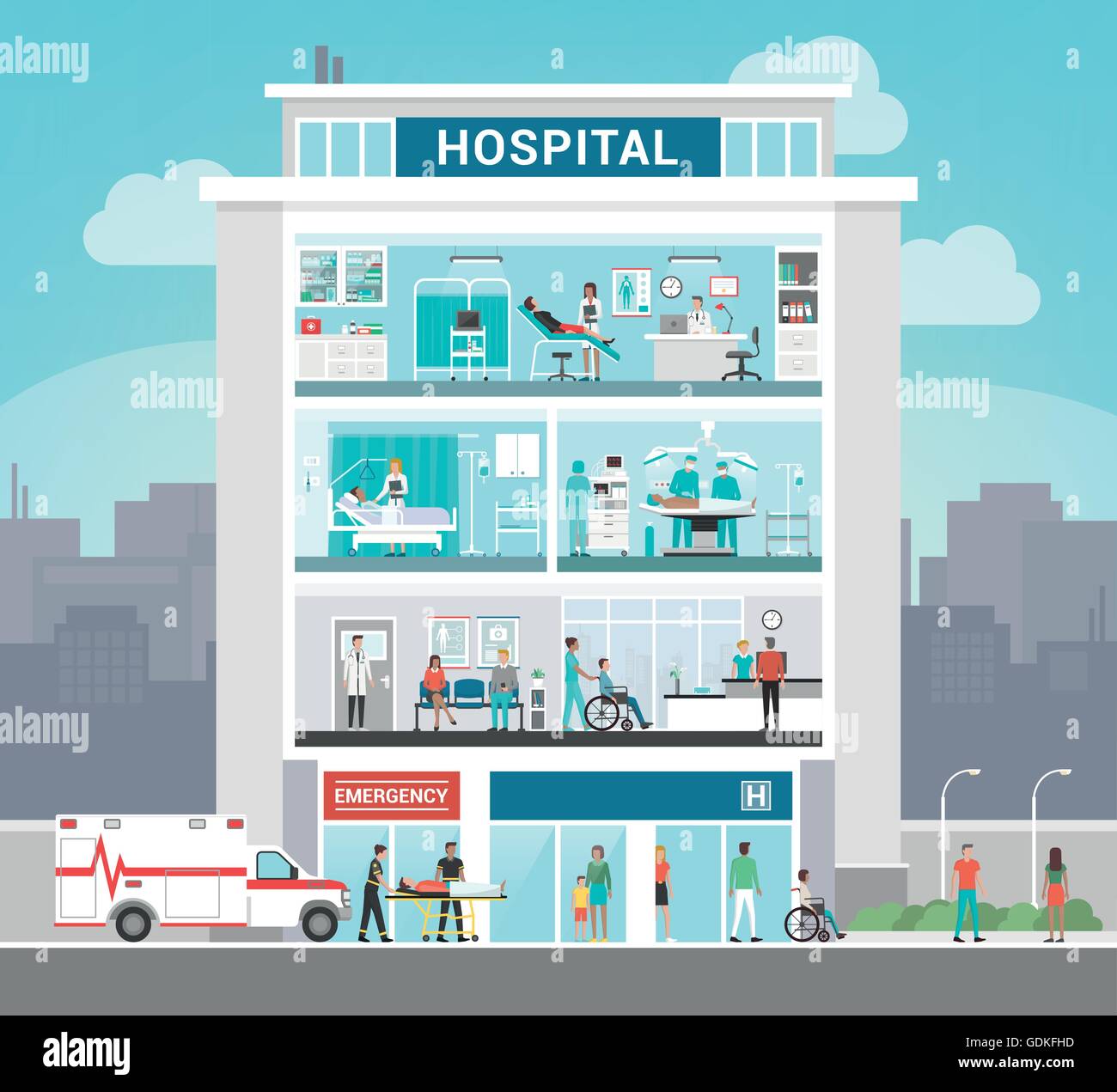 Hospital building and department with doctors working, office, surgery ...