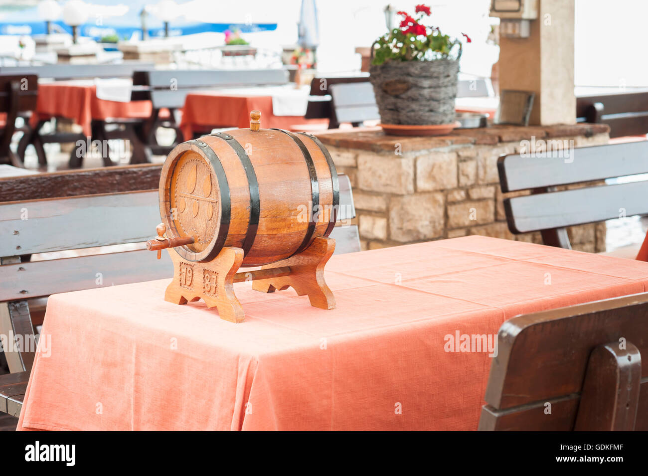 Wooden barrel wine on table hi-res stock photography and images - Alamy