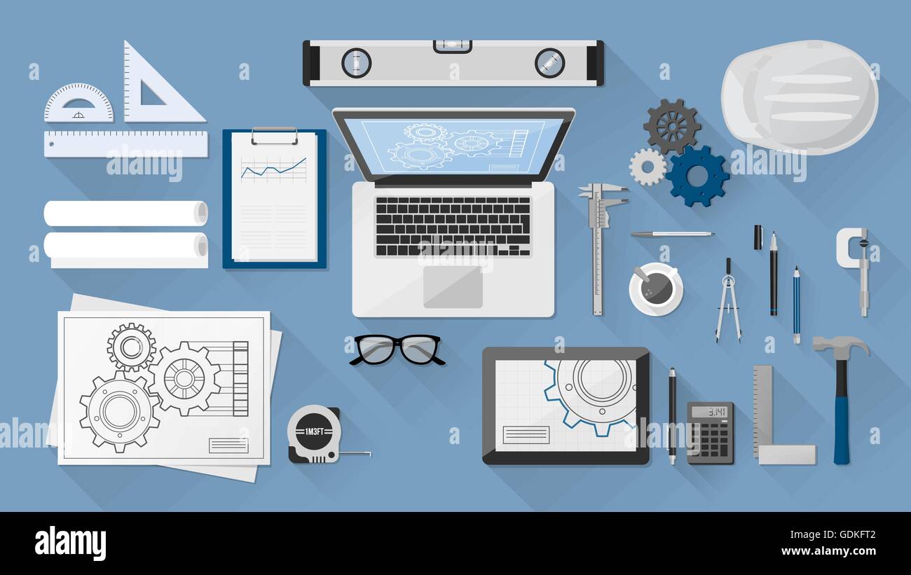 Engineer's desktop with work tools, computer and tablet Stock Vector ...