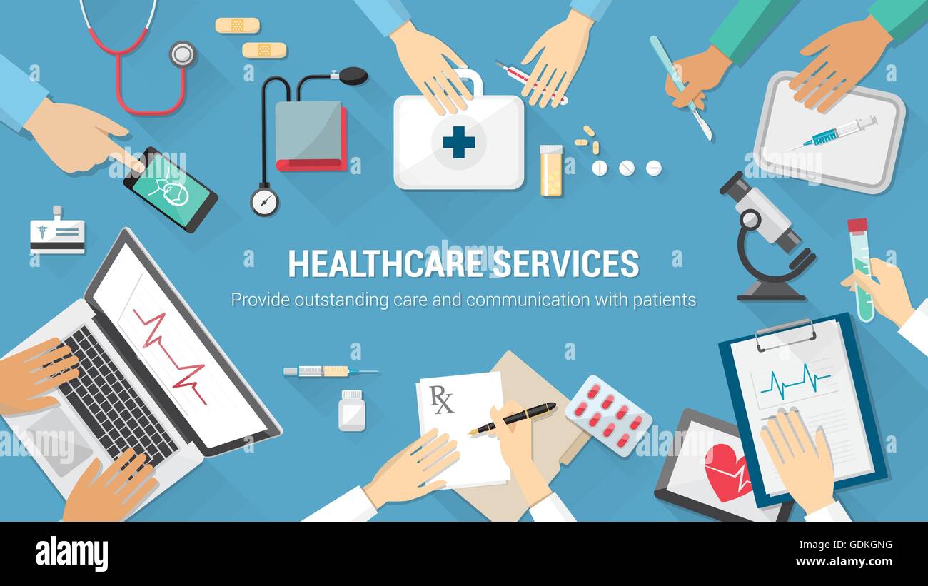 Medical team desktop with doctors and medical equipment Stock Vector ...