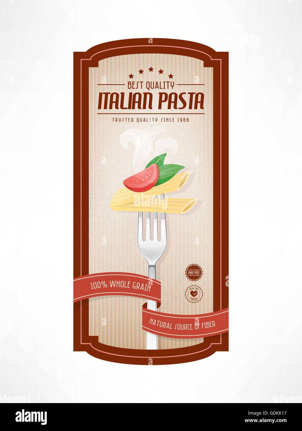 Pasta vintage food label with fork on striped background Stock Vector ...