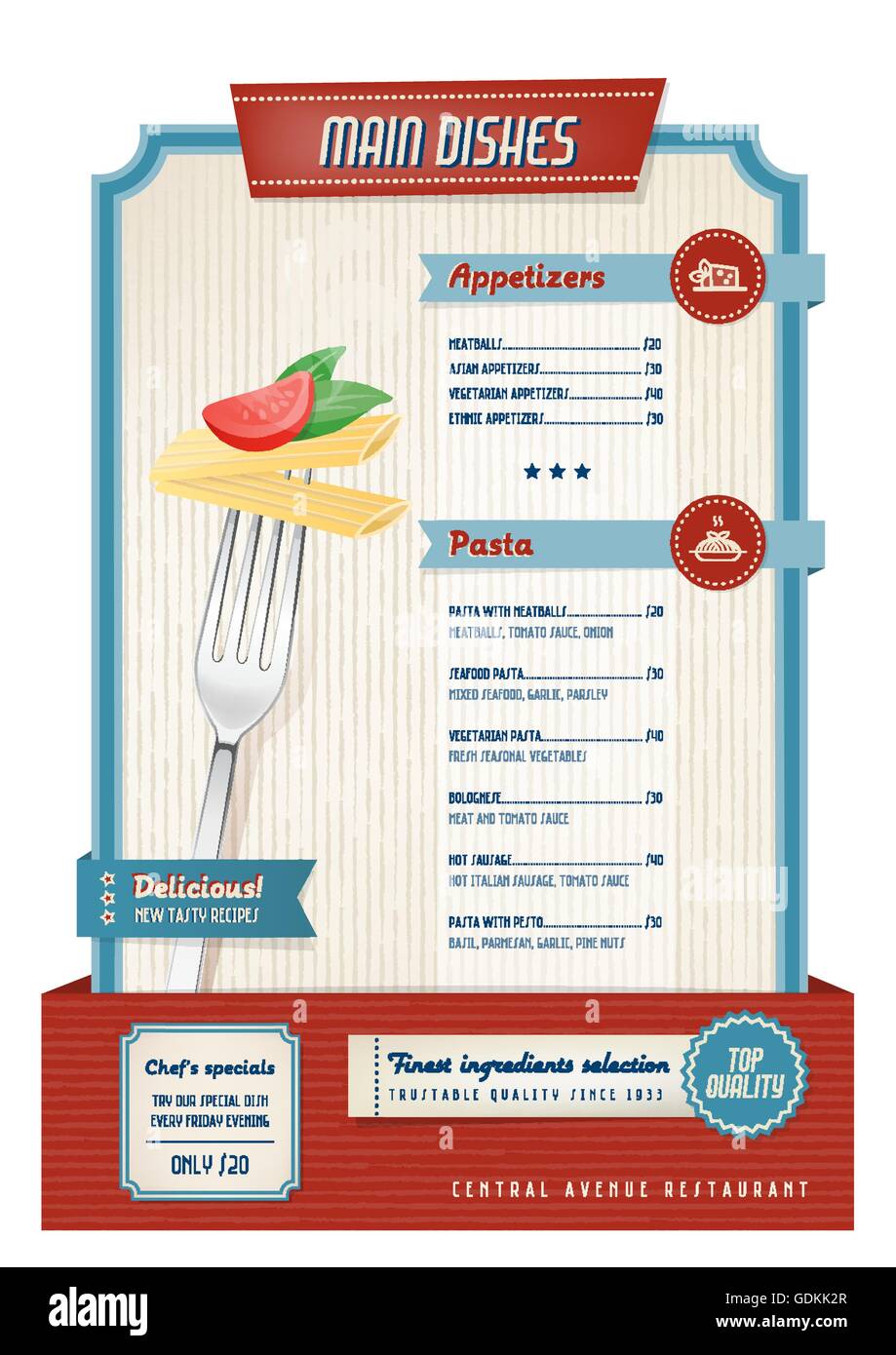 Vintage main course menu with fork and pasta Stock Vector Image & Art ...