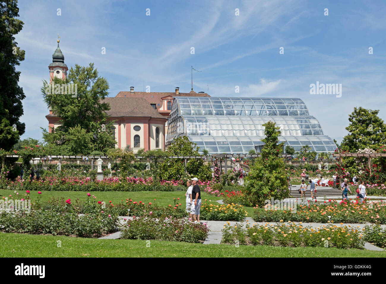 church, rose garden, Mainau Island, Lake Constance, Baden-Wuerttemberg ...