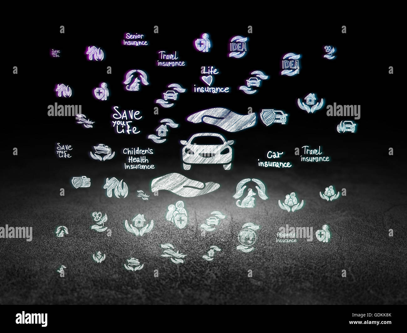 Insurance concept: Car And Palm in grunge dark room Stock Photo - Alamy