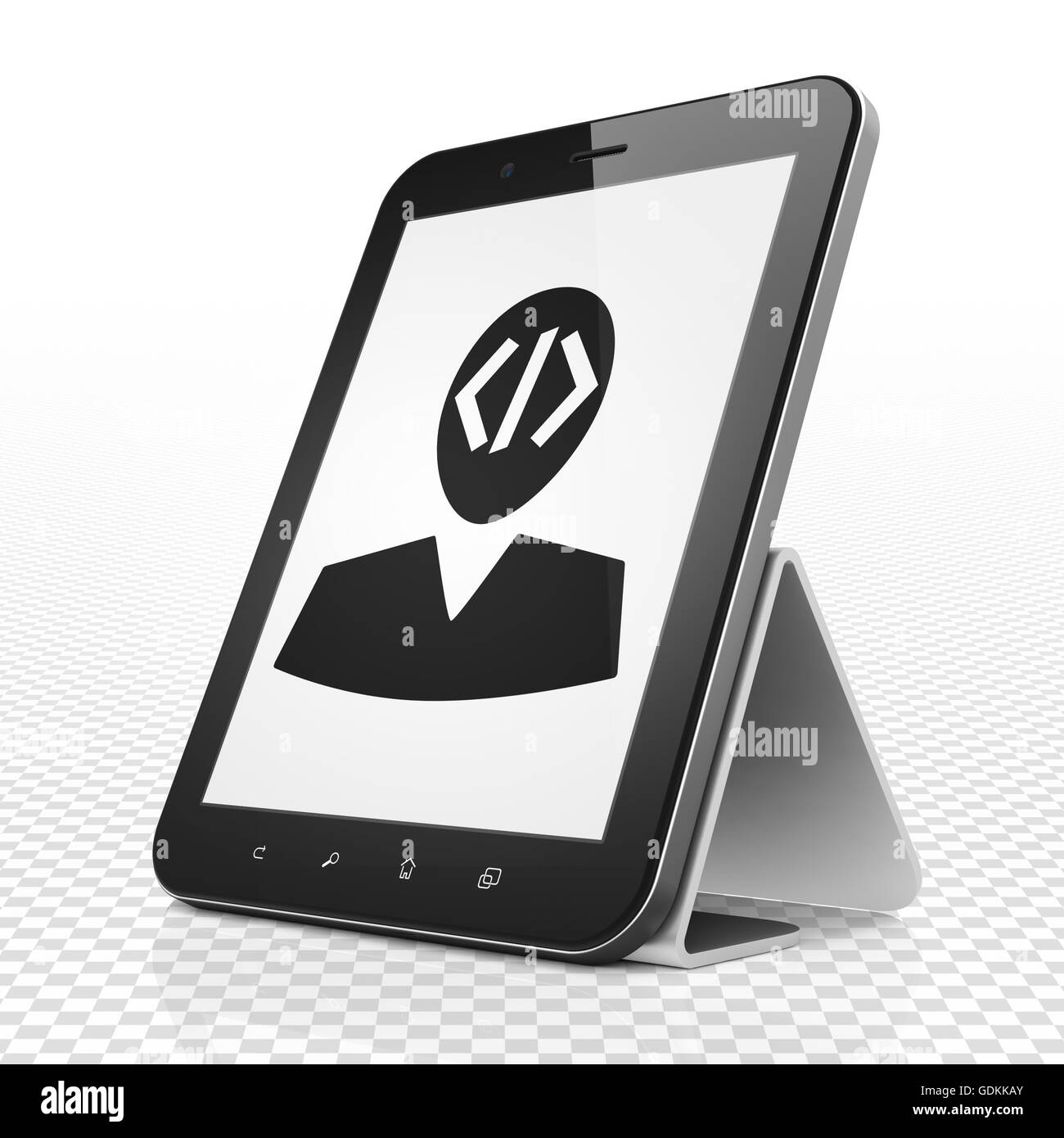 Programming concept: Tablet Computer with Programmer on display Stock ...