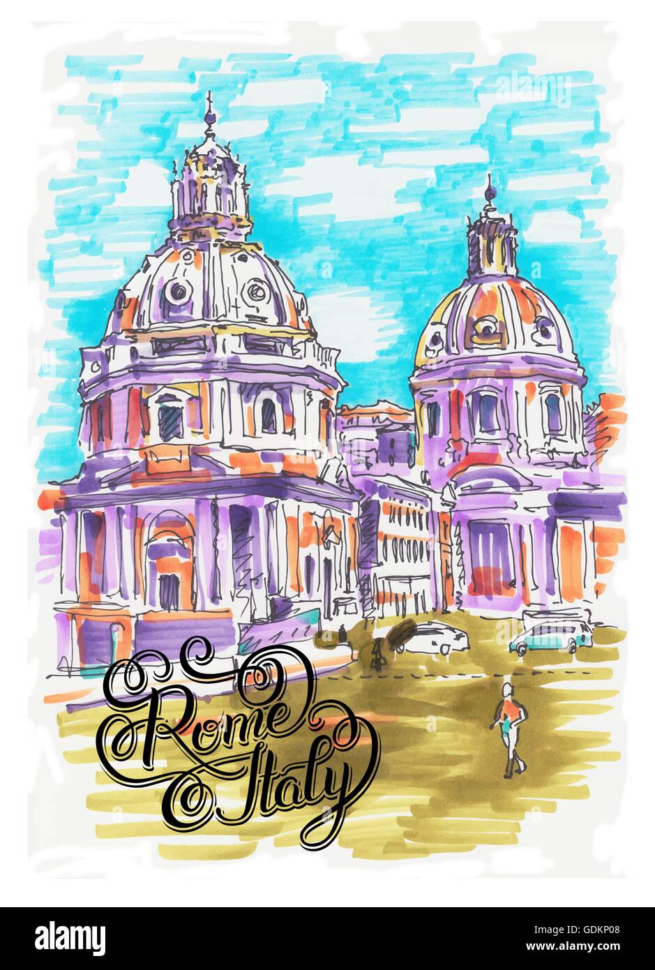 original marker painting of Rome Italy cityscape with hand lette Stock ...