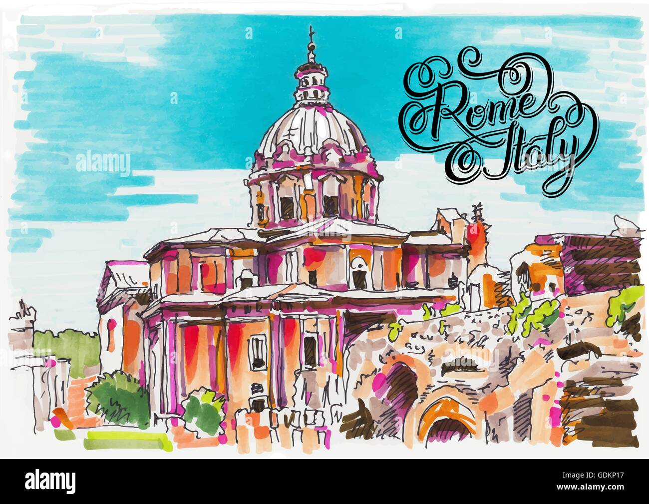 original marker painting of Rome Italy cityscape with hand lette Stock ...