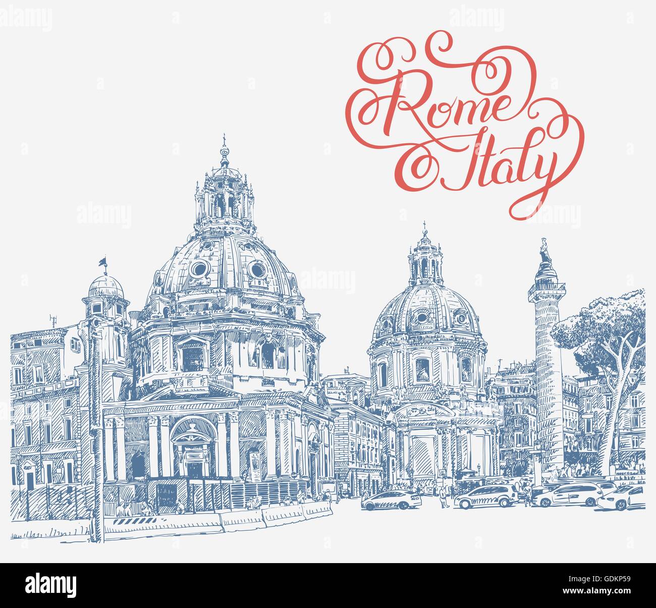 original digital drawing of Rome Italy cityscape with lettering Stock ...