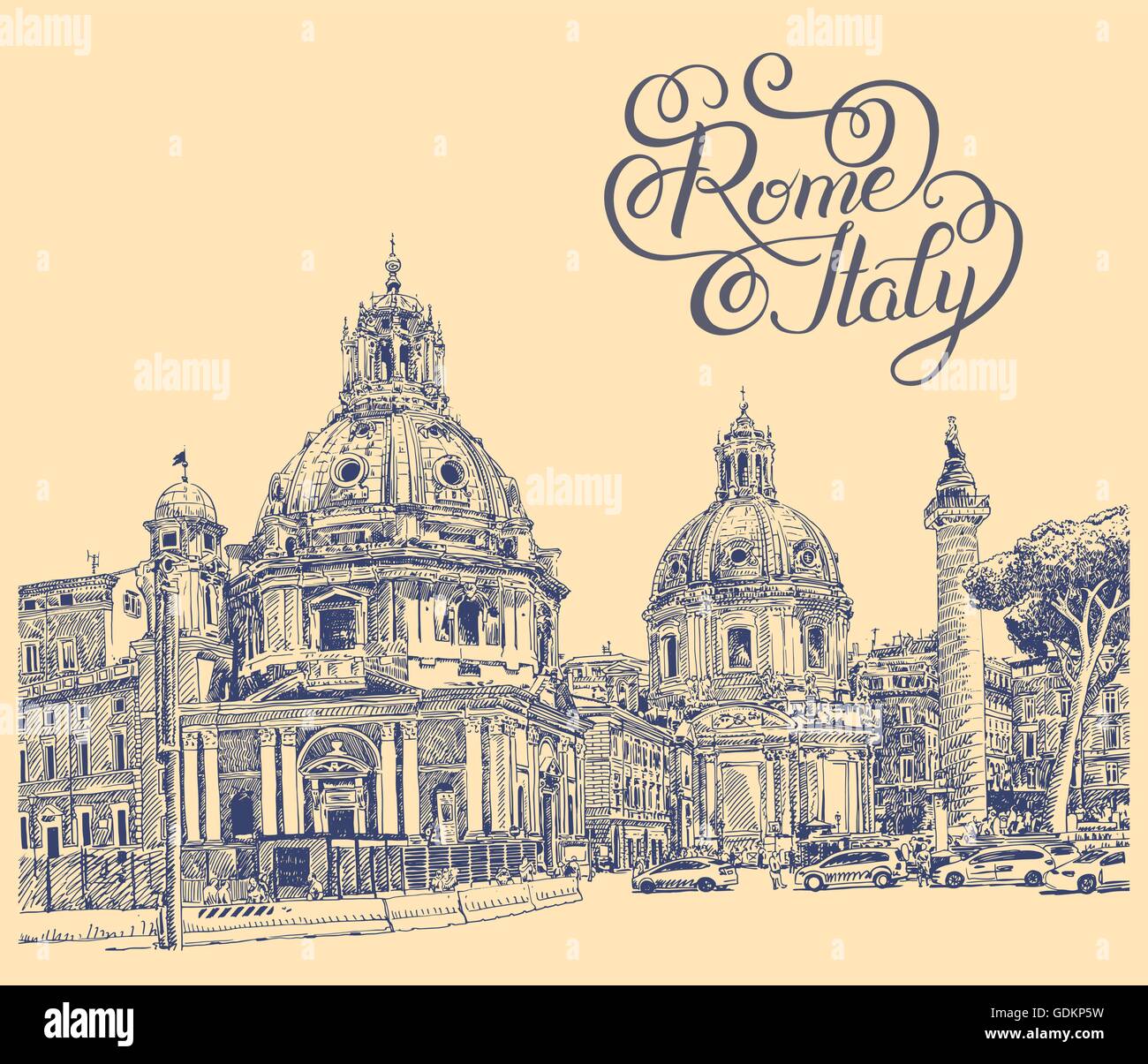 original digital drawing of Rome Italy cityscape with lettering Stock ...