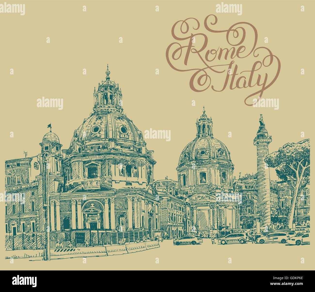 original digital drawing of Rome Italy cityscape with lettering Stock ...