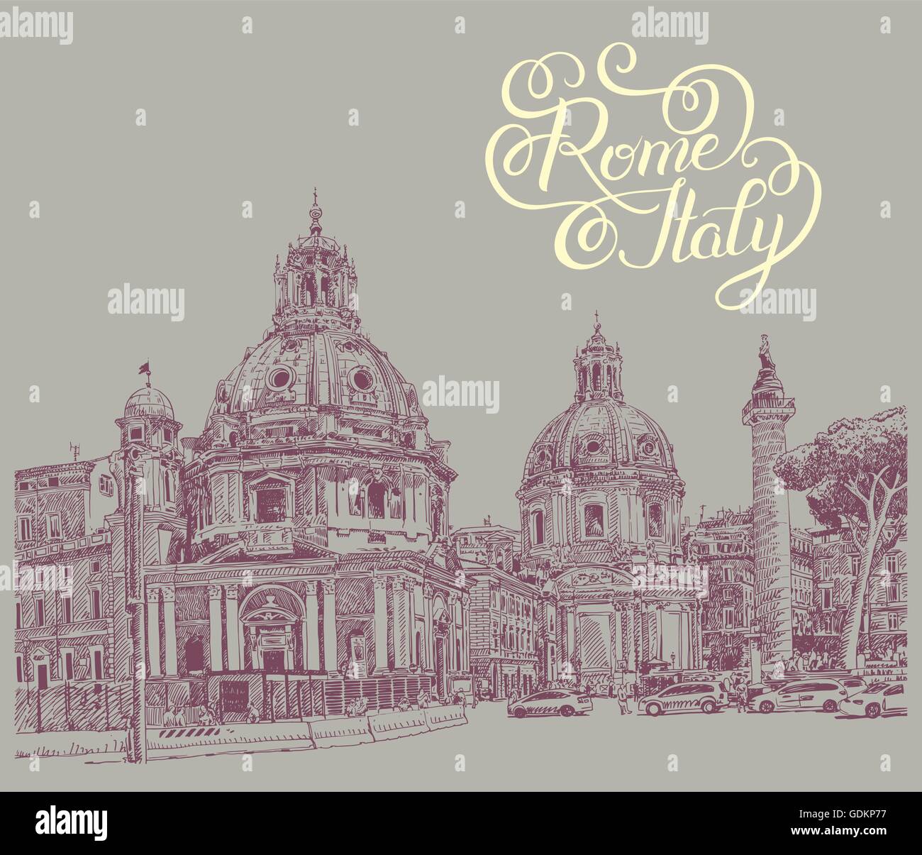 original digital drawing of Rome Italy cityscape with lettering Stock ...