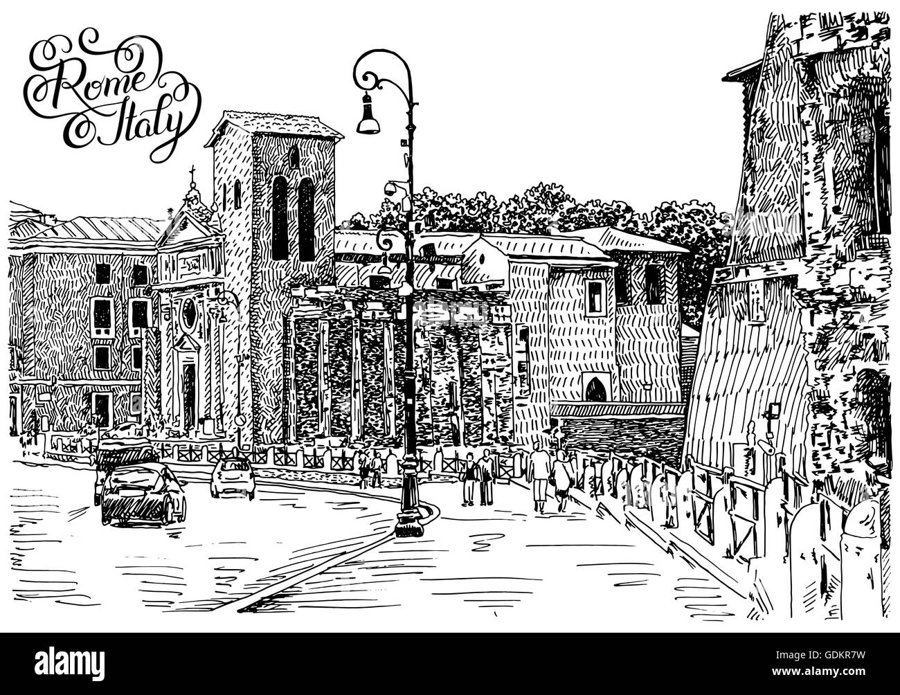 hand drawing of Rome Italy famous cityscape with hand lettering Stock ...