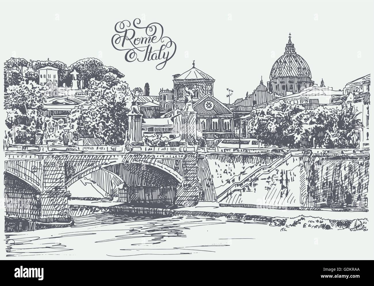 drawing of Rome Italy famous cityscape with hand lettering inscr Stock ...
