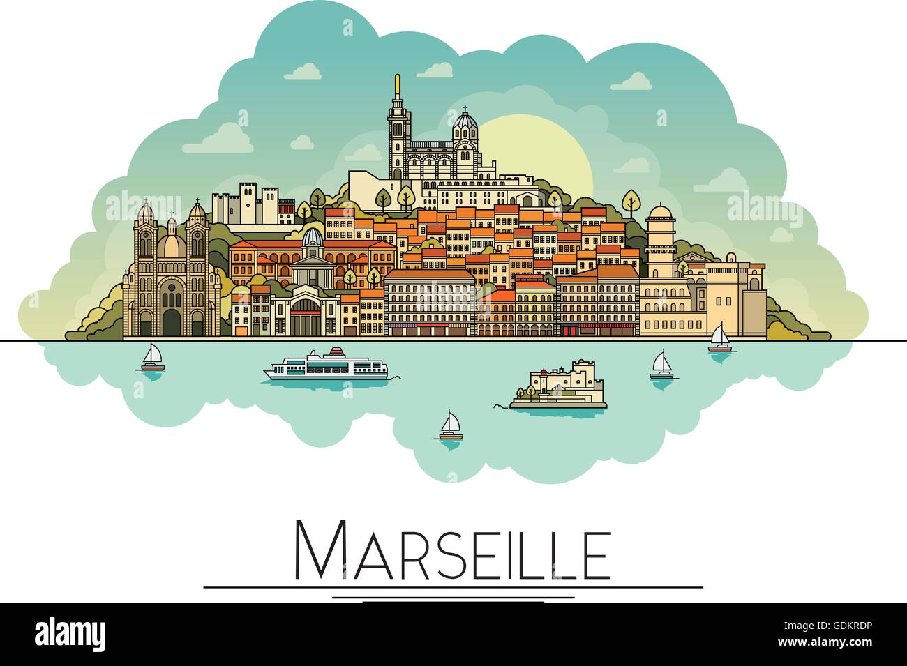 Vector line art Marseille, France, travel landmarks and architecture ...