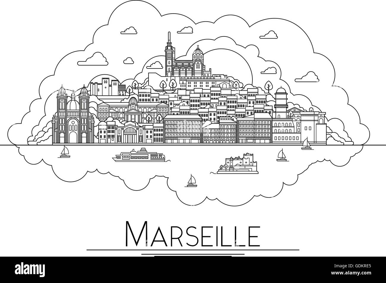 Vector line art Marseille, France, travel landmarks and architecture ...