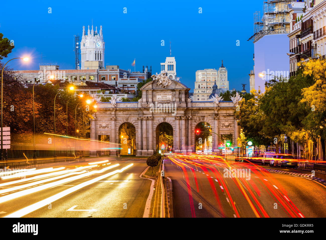 Madrid, Spain cityscape at Puerta de Alcala Gate and Calle de Alcala ...