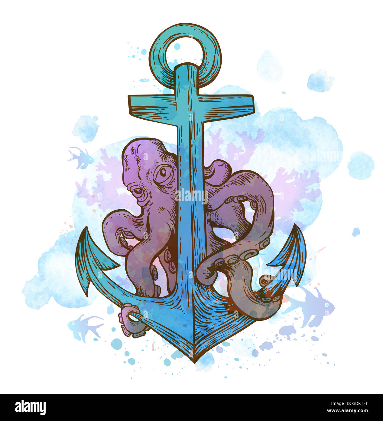 Vintage hand drawn anchor and octopus on a blue watercolor background ...