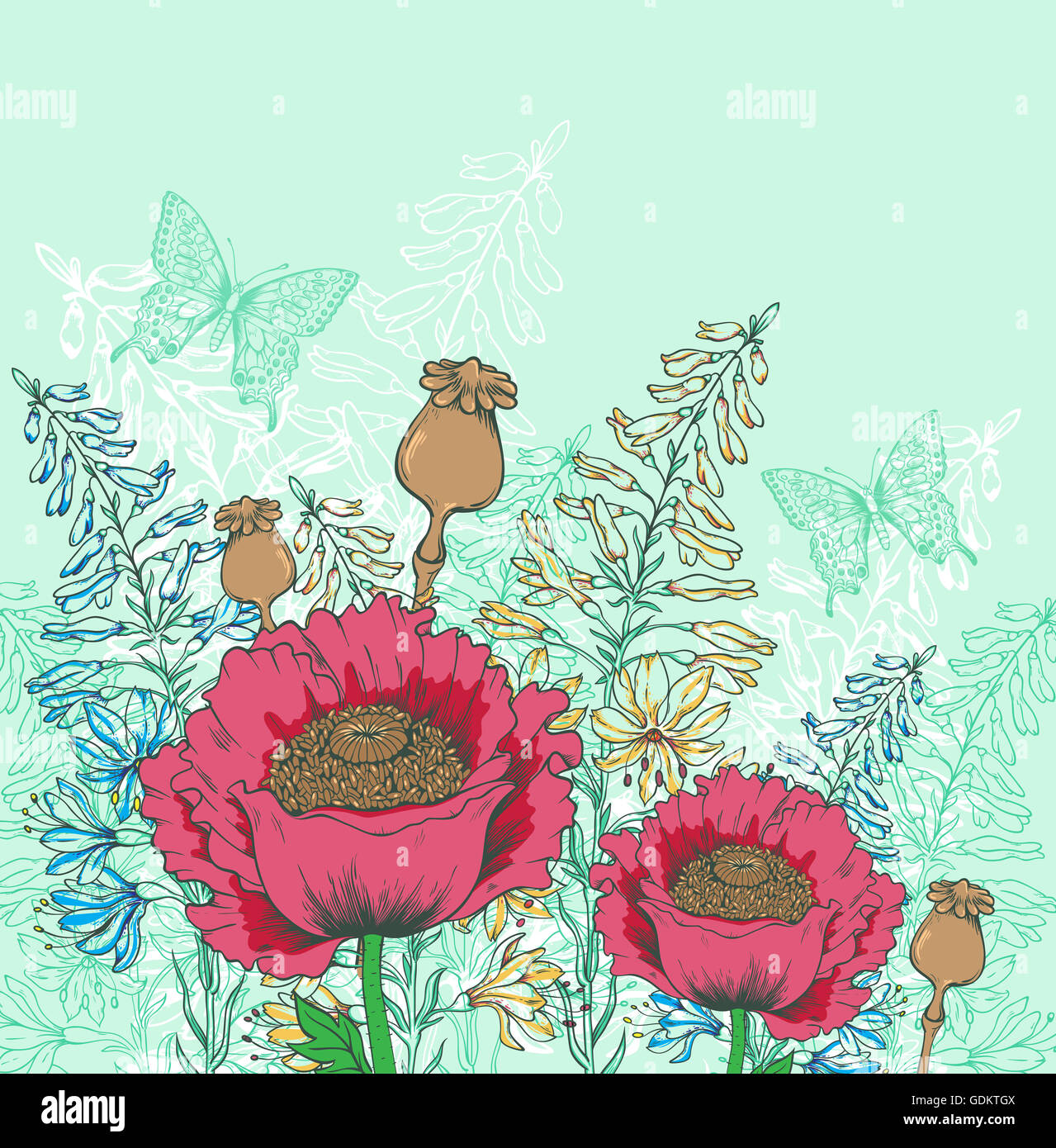 Red poppy flowers and butterflies on a green background Stock Photo - Alamy