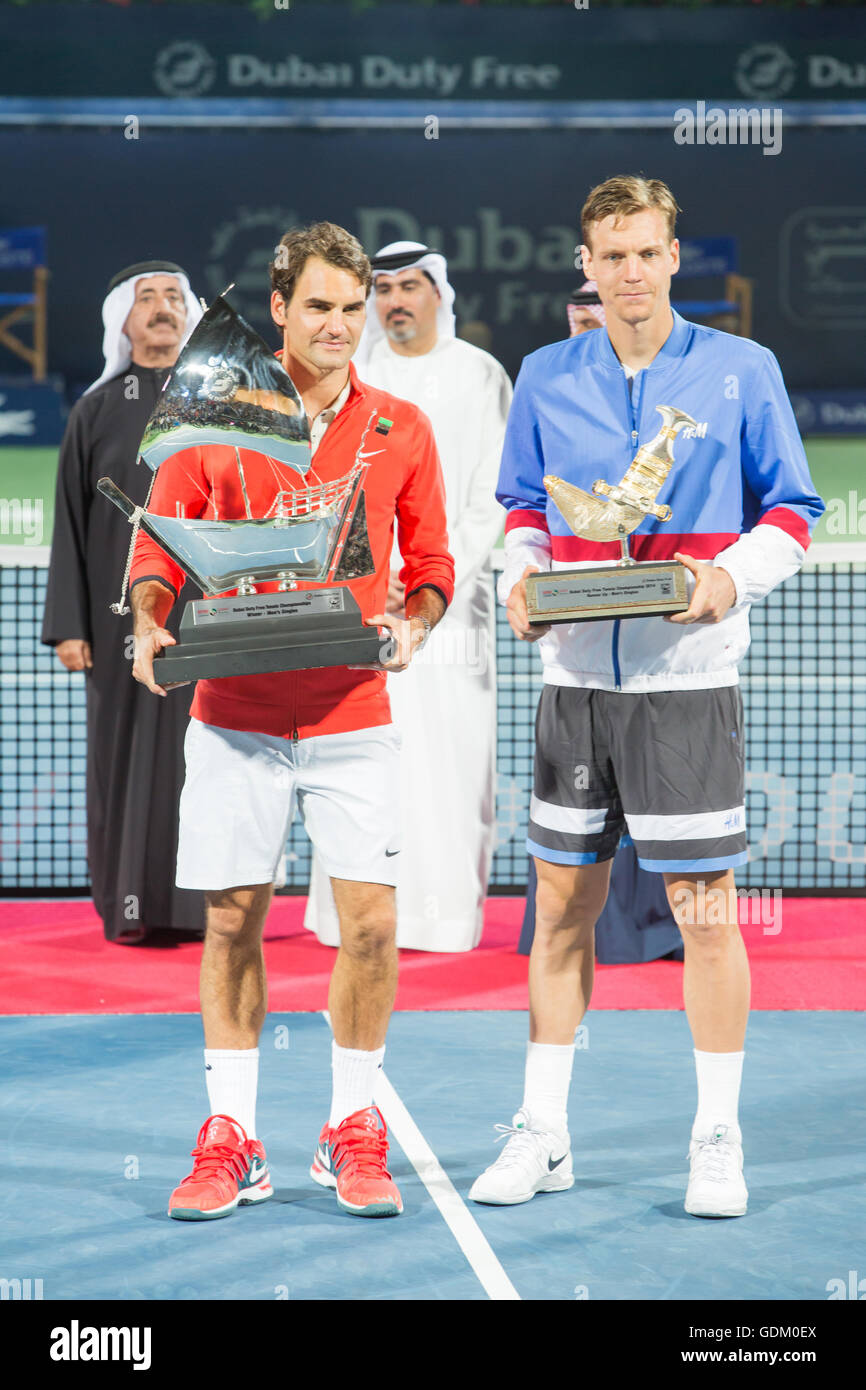 Roger Federer and Tomas Berdych pose with their trophies after the ...
