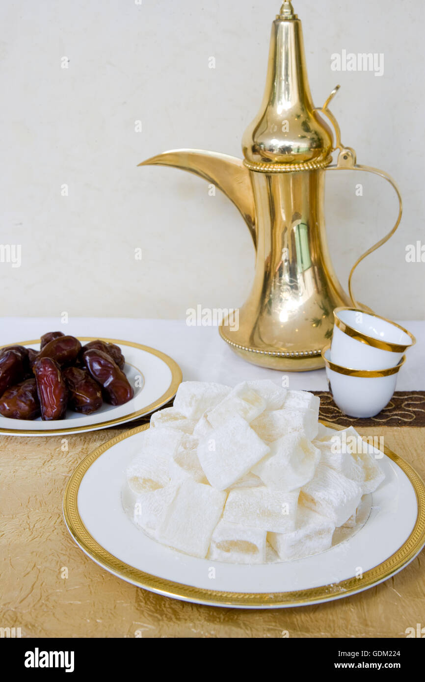 Dates and Turkish Delight served with Coffee, Dubai, UAE Stock Photo ...