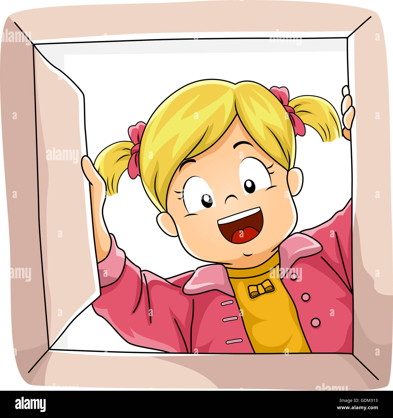 Illustration of a Little Girl Peeking Inside a Box Stock Photo - Alamy