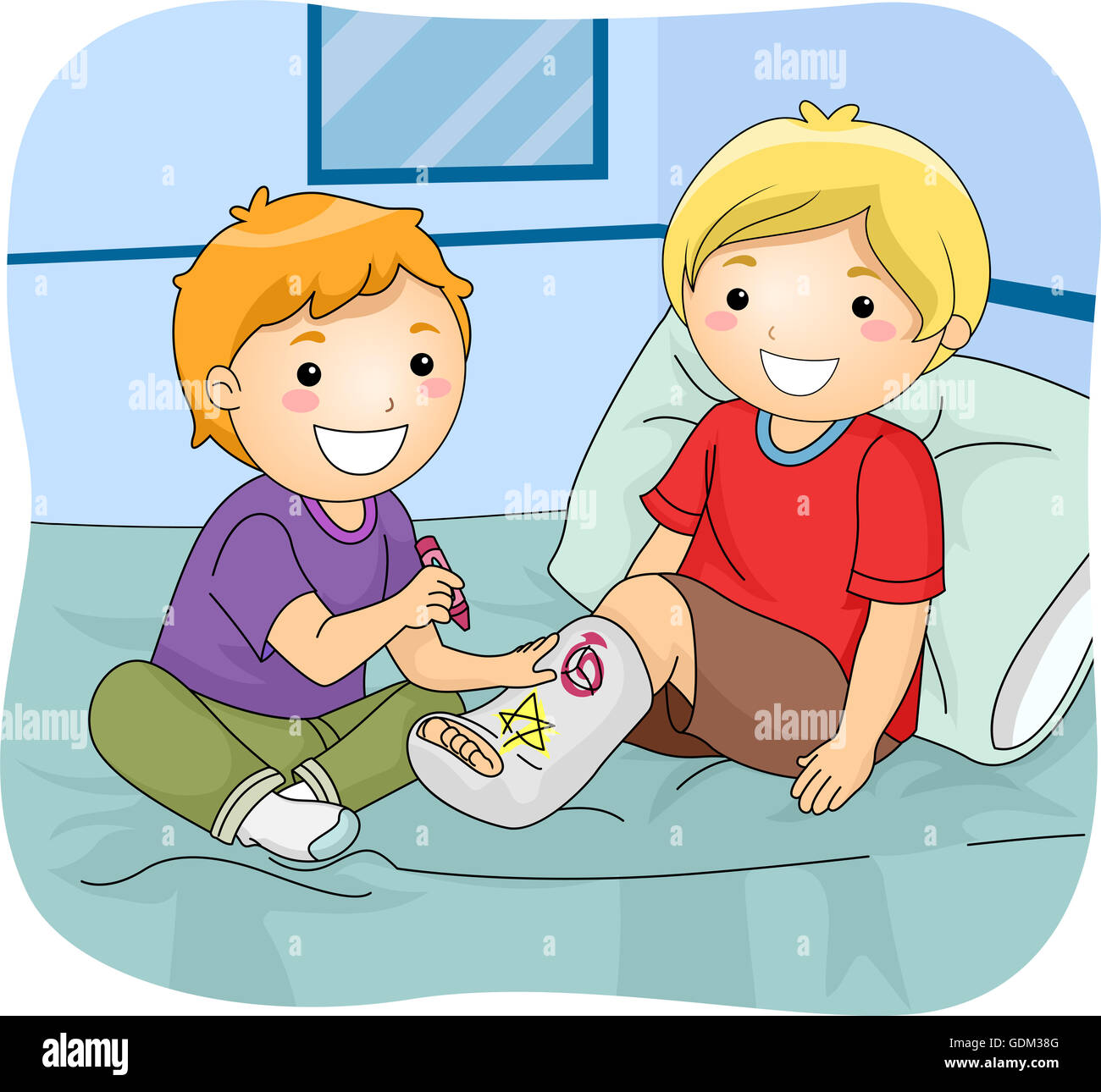 Illustration of a Little Boy Drawing Doodles on His Friend's Leg Cast ...