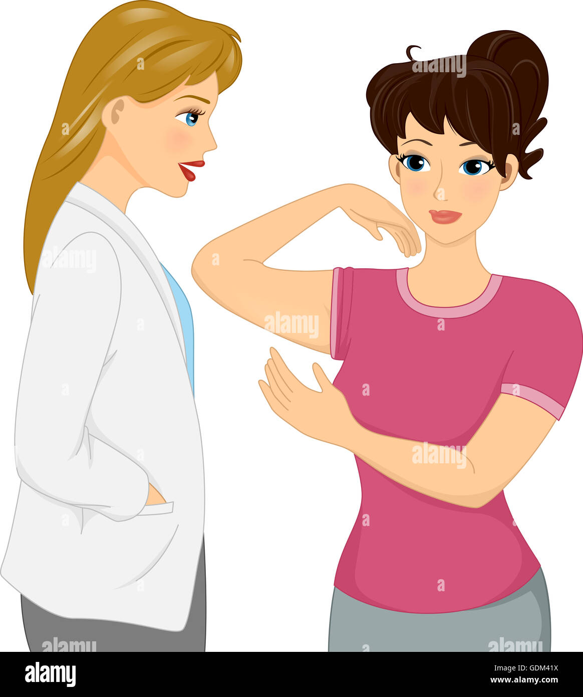 Illustration of a Woman Showing Her Flabby Arms to Her Cosmetic Surgeon ...