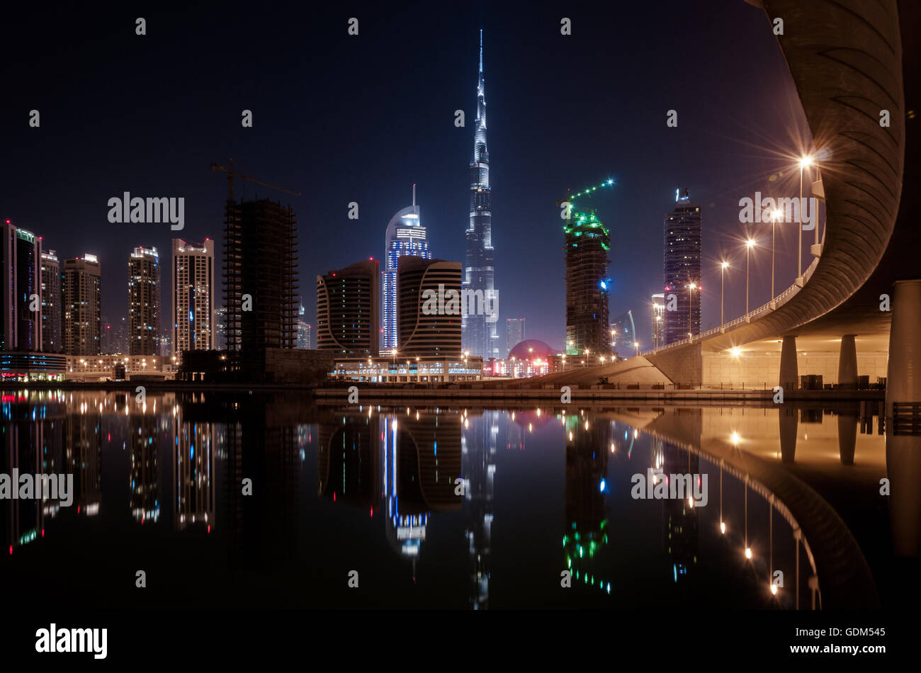 Night view over Downtown Dubai and Burj Khalifa, Dubai, UAE Stock Photo ...
