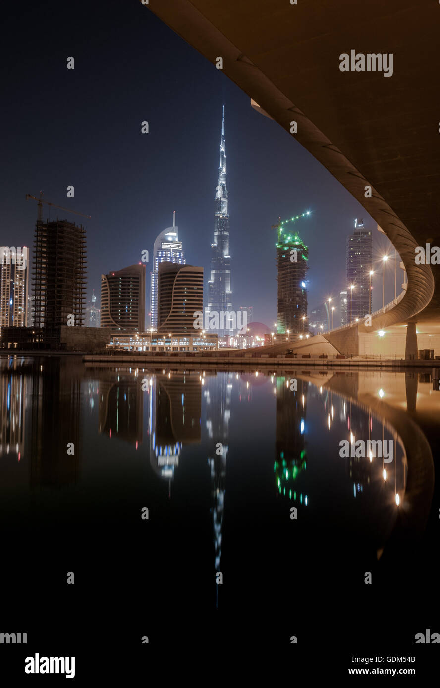 Night view over Downtown Dubai and Burj Khalifa, Dubai, UAE Stock Photo ...