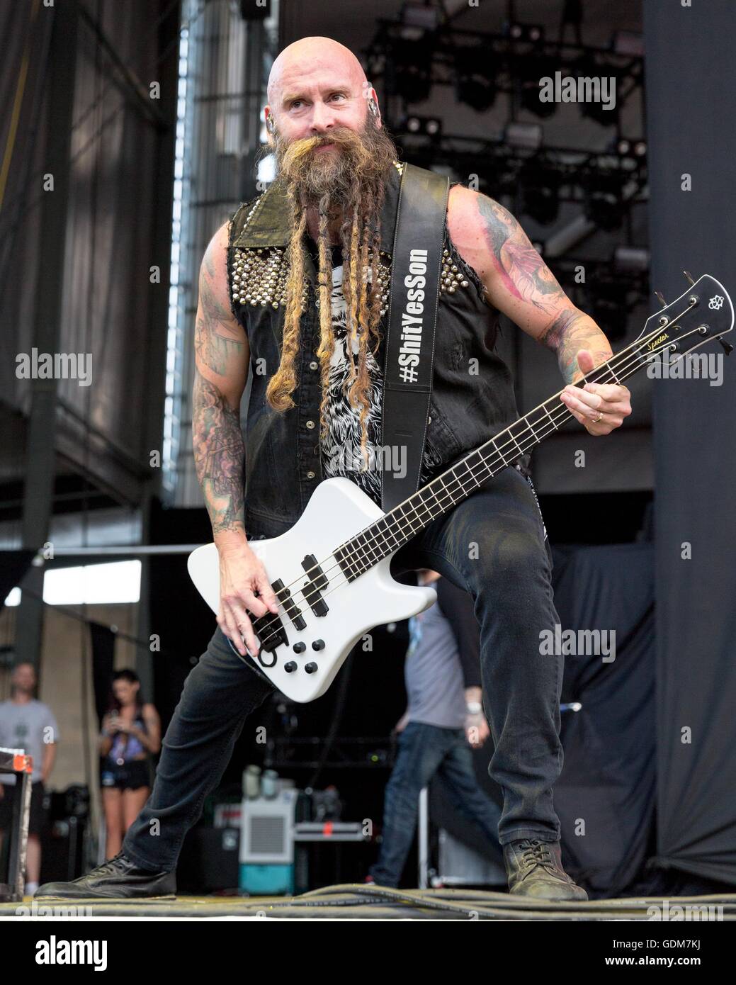 Chicago, Illinois, USA. 17th July, 2016. Bassist CHRIS KAEL of Five Finger Death Punch performs ...