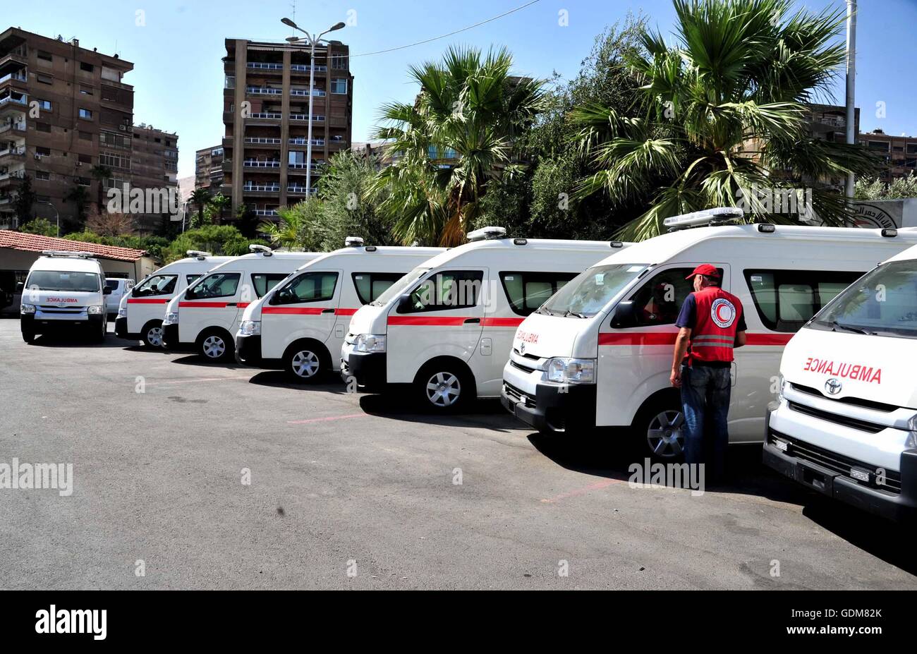 Damascus, Syria. 18th July, 2016. New ambulances park in the garage of ...