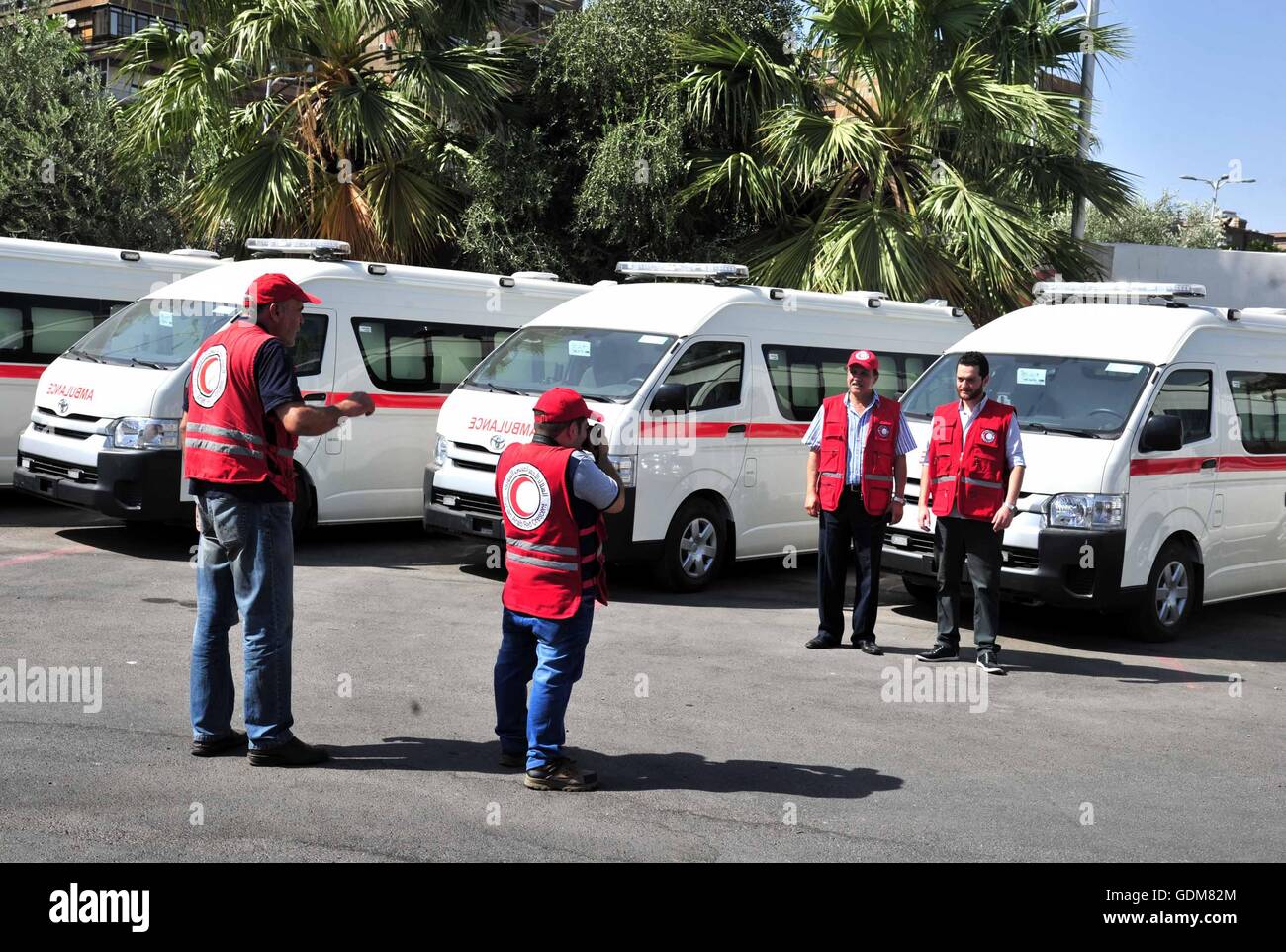 Damascus, Syria. 18th July, 2016. New ambulances park in the garage of ...