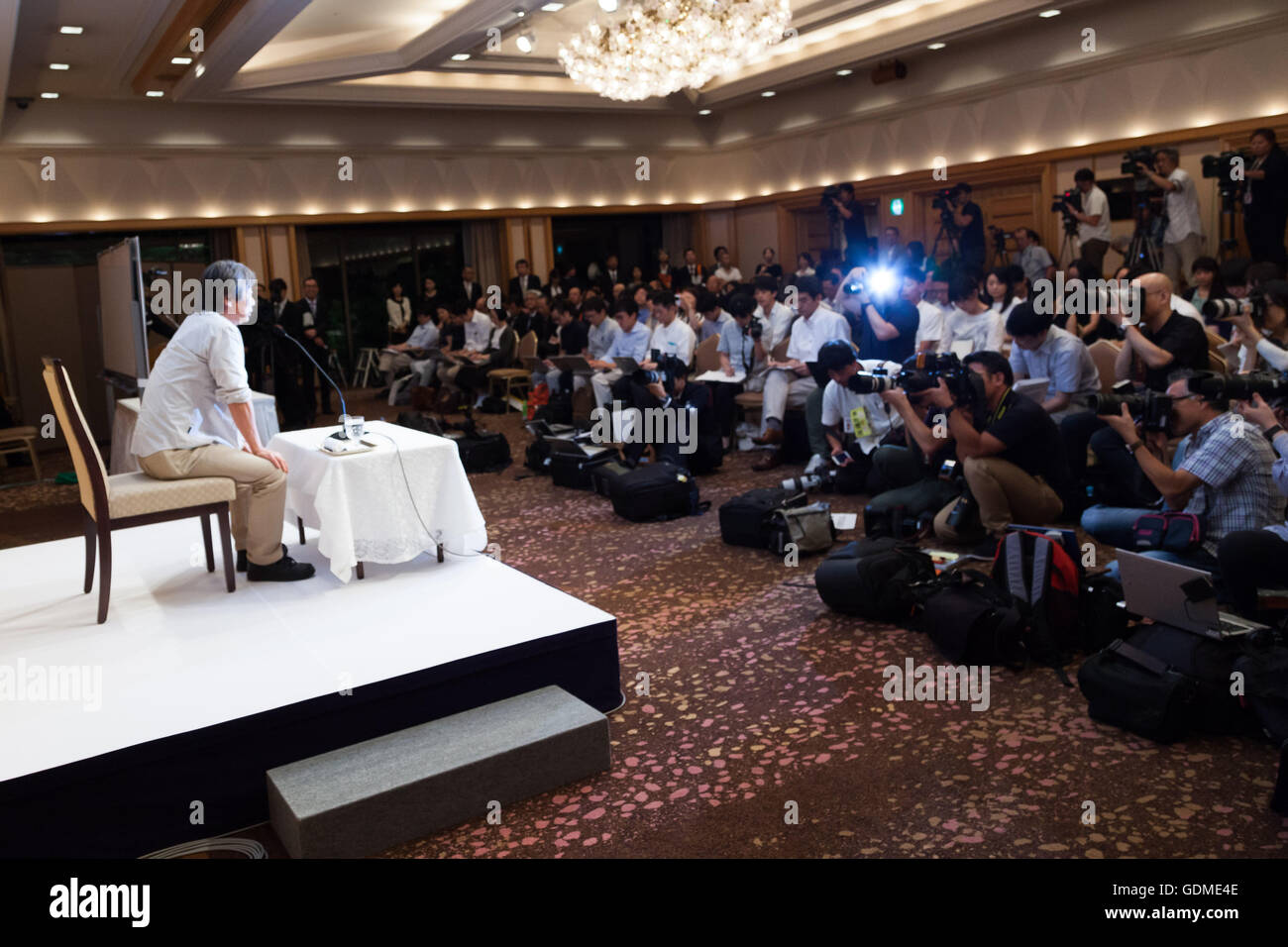 Author Hiroshi Ogiwara speaks during the 155th Naoki Prize and ...