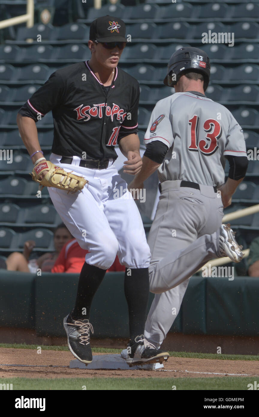 Usa. 19th July, 2016. SPORTS -- Isotopes first baseman Jordan Patterson ...