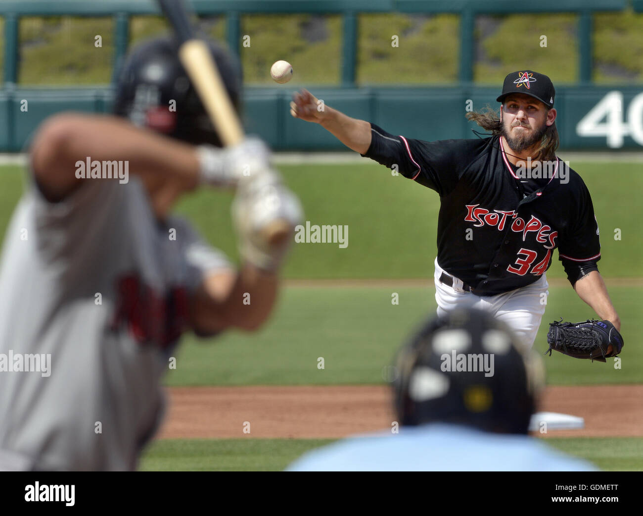 Usa. 19th July, 2016. SPORTS --The Isotopes' Christian Bergman pitches ...