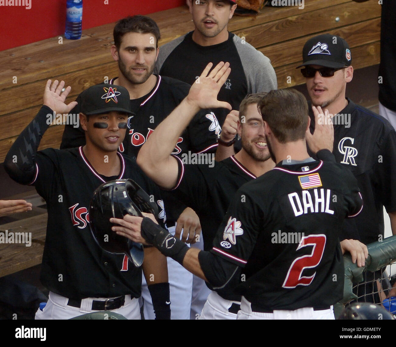 Usa. 19th July, 2016. SPORTS -- The Isotopes' David Dahl, 2, gets high ...