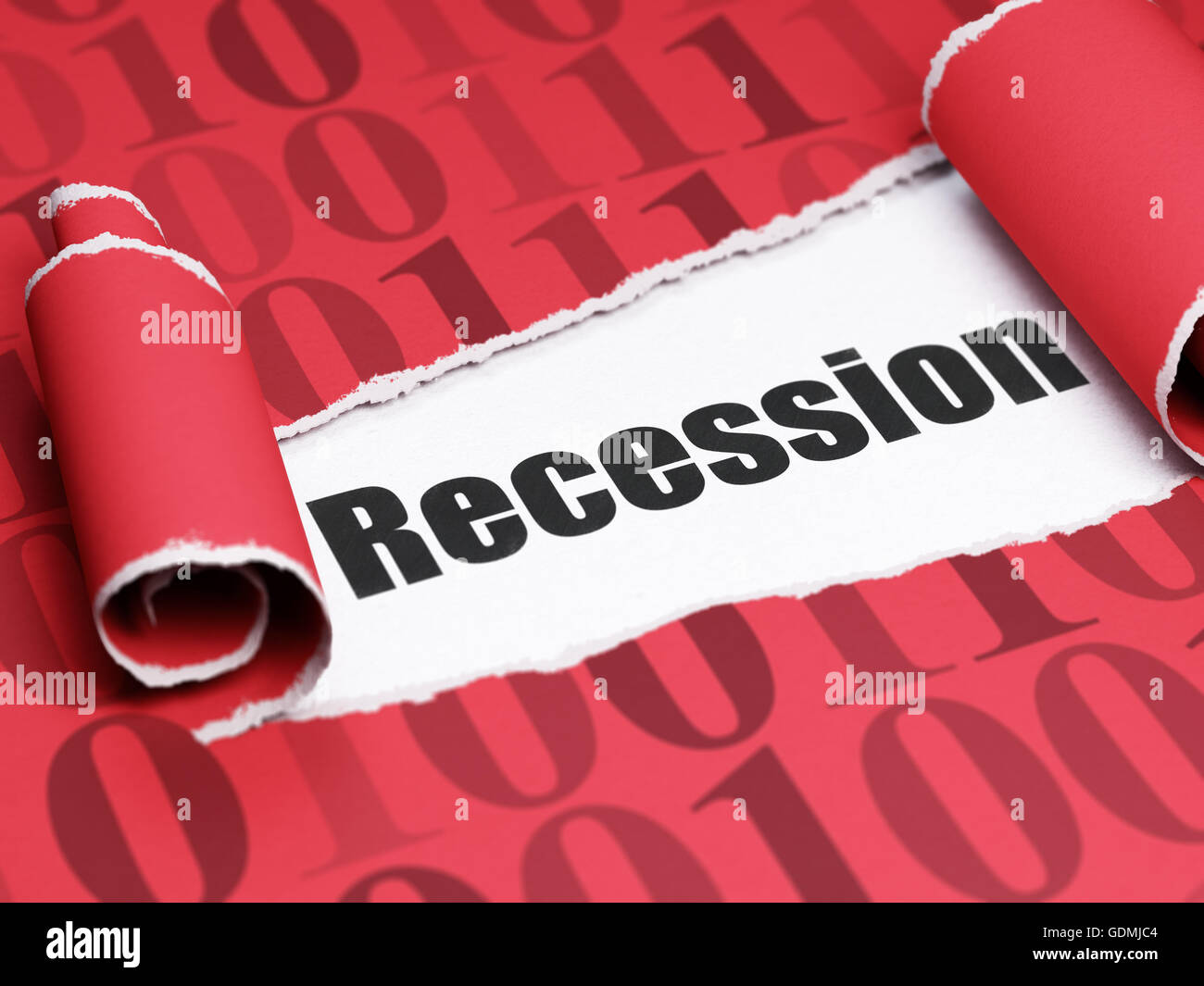 Finance concept: black text Recession under the piece of torn paper ...