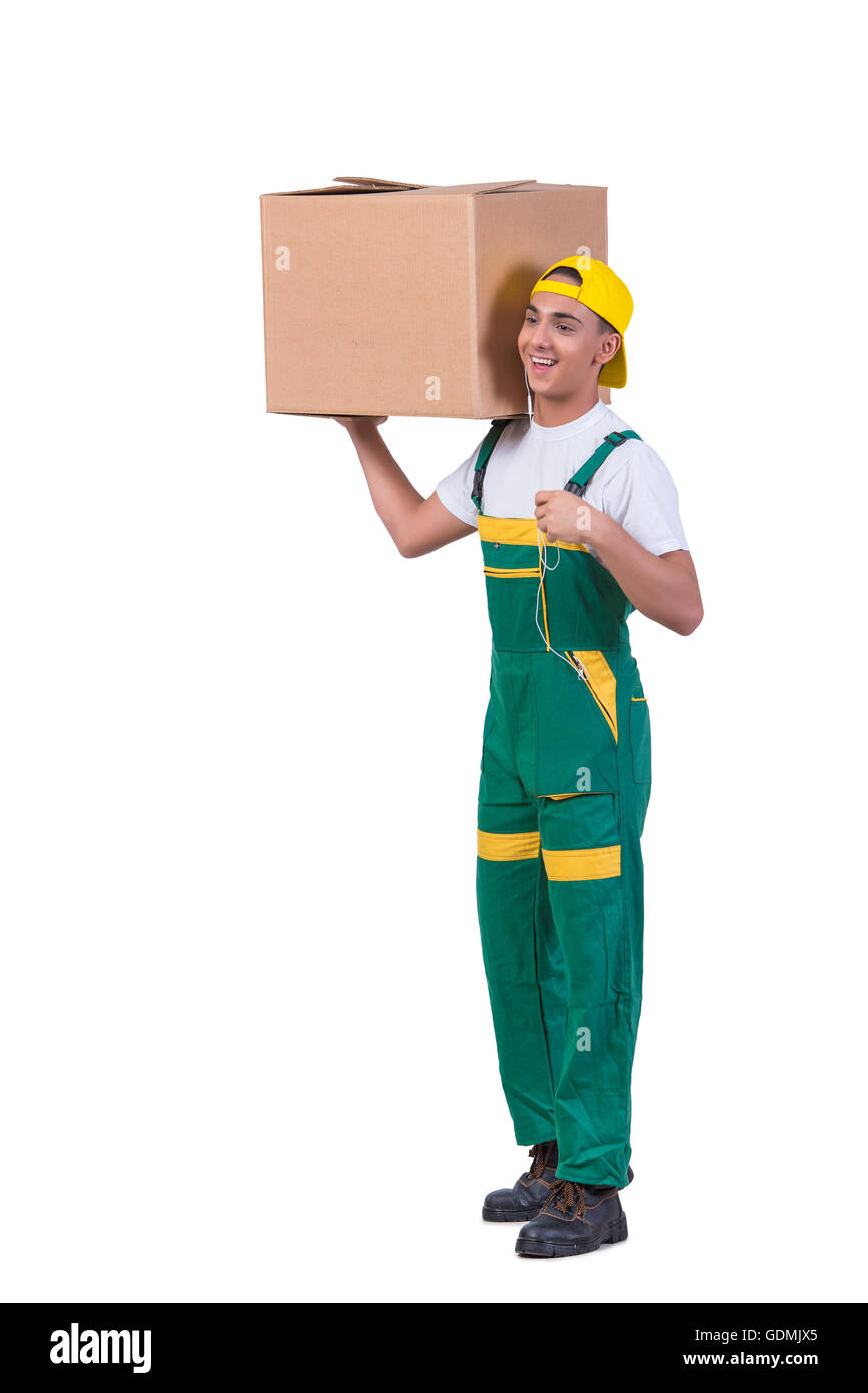 Young man moving boxes isolated on white Stock Photo - Alamy